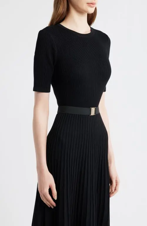 Eliza J Ribbed Fit & Flare Sweater Dress With Belt - Black
