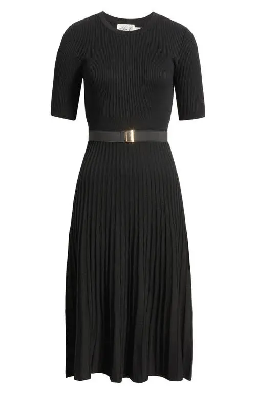 Eliza J Ribbed Fit & Flare Sweater Dress With Belt - Black