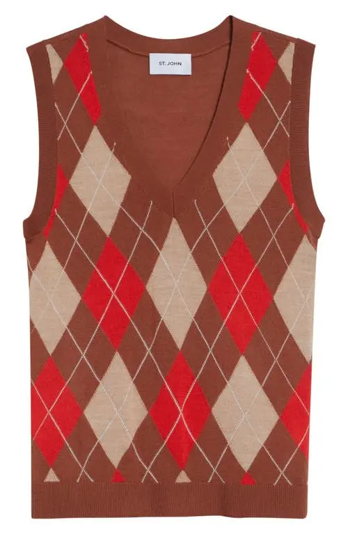 St. John Argyle Plaid Wool Blend Sweater Vest