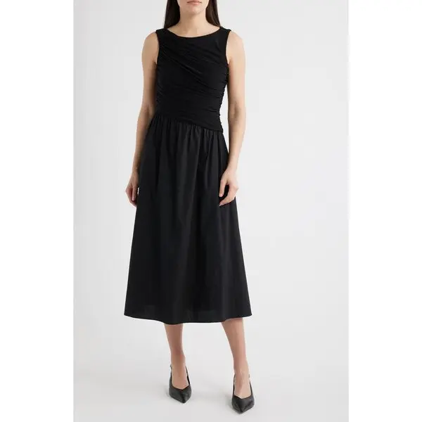 Vince Camuto Ity Ruched Bodice Mixed Media Midi Dress - Black