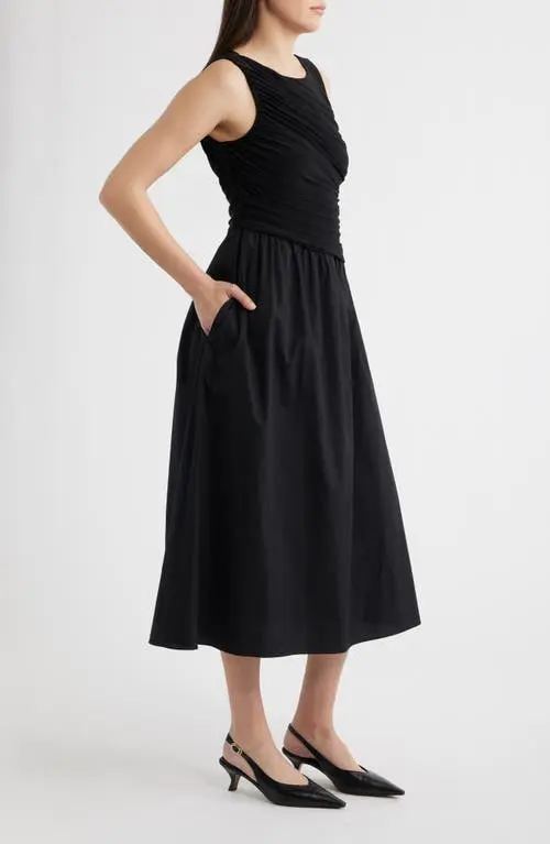 Vince Camuto Ruched Bodice Mixed Media Midi Dress