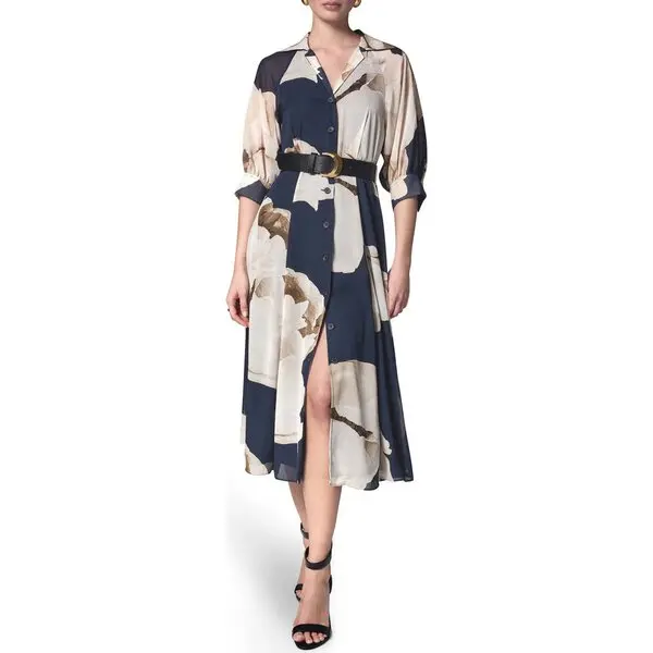 Donna Karan New York Floral Print Chiffon Midi Shirtdress - Night Sky