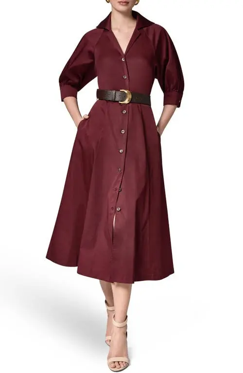 Donna Karan New York Belted Stretch Cotton Midi Shirtdress - Black Cherry