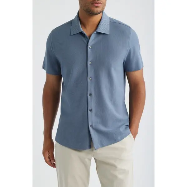 Robert Barakett Sorrell Short Sleeve Cotton Piqué Button-up Shirt - Blue Metallic