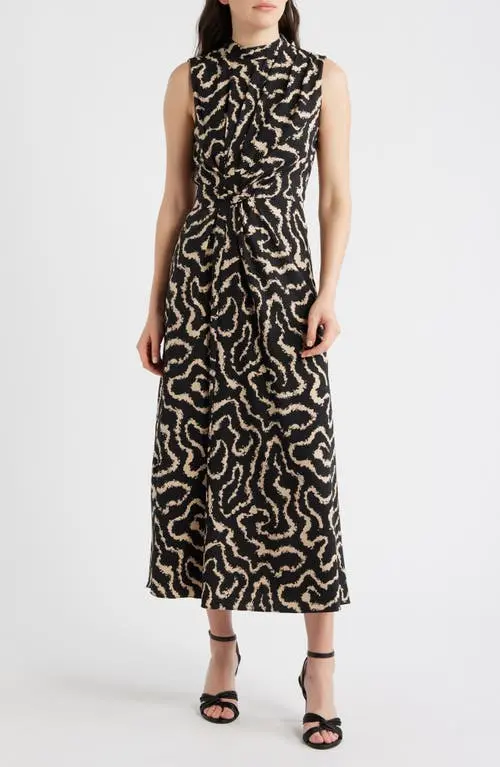 Maggy London Print Stretch Twist Waist Dress - Black/tan