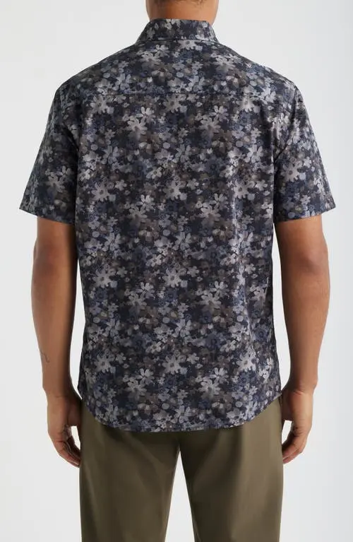 Robert Barakett Kyoto Floral Short Sleeve Cotton Button-up Shirt - Black