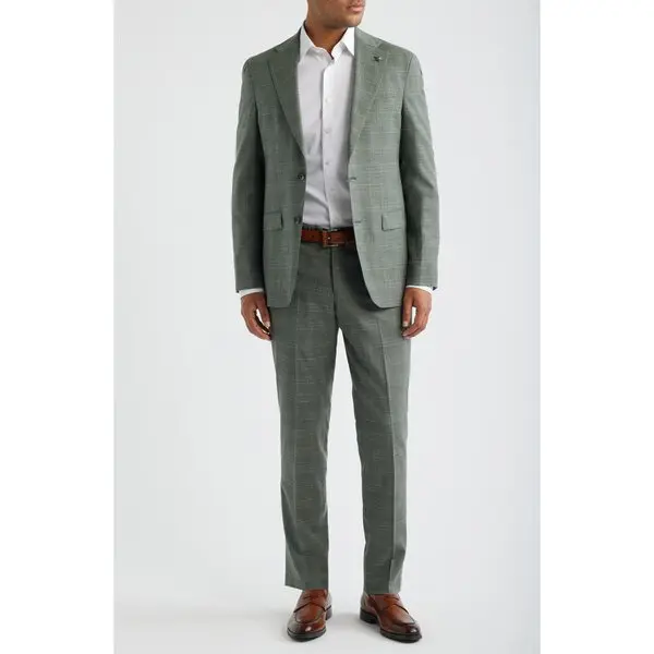 JACK VICTOR Midland Contemporary Fit Green Windowpane Check Slub Wool Blend Suit - Sage