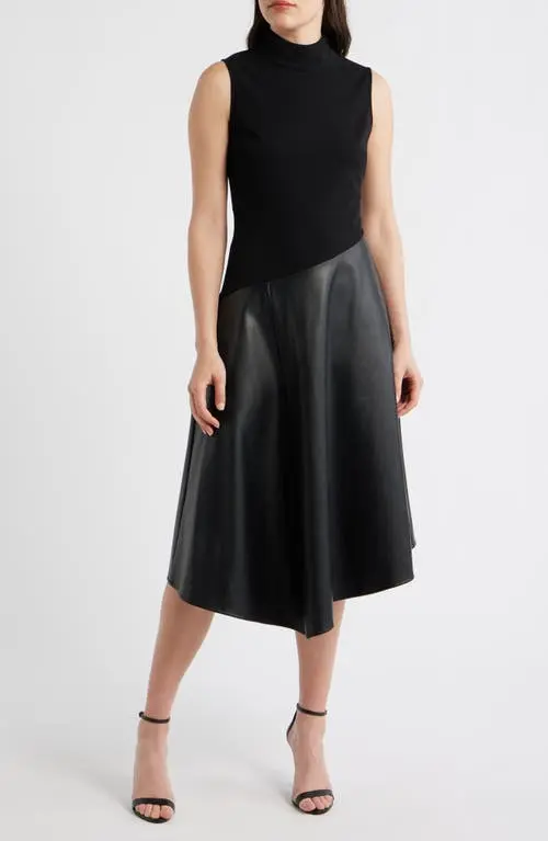 Maggy London Mixed Media Asymmetric Mock Neck Midi Dress - Black/black