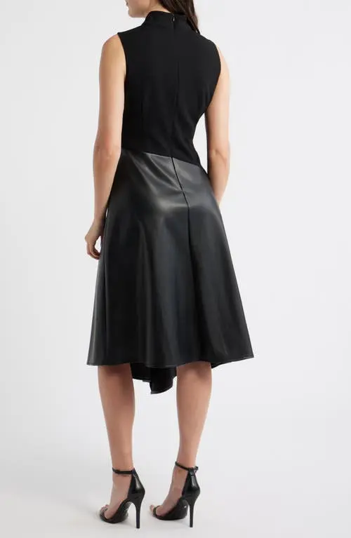Maggy London Mixed Media Asymmetric Mock Neck Midi Dress