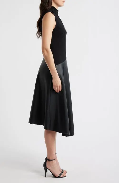 Maggy London Mixed Media Asymmetric Mock Neck Midi Dress