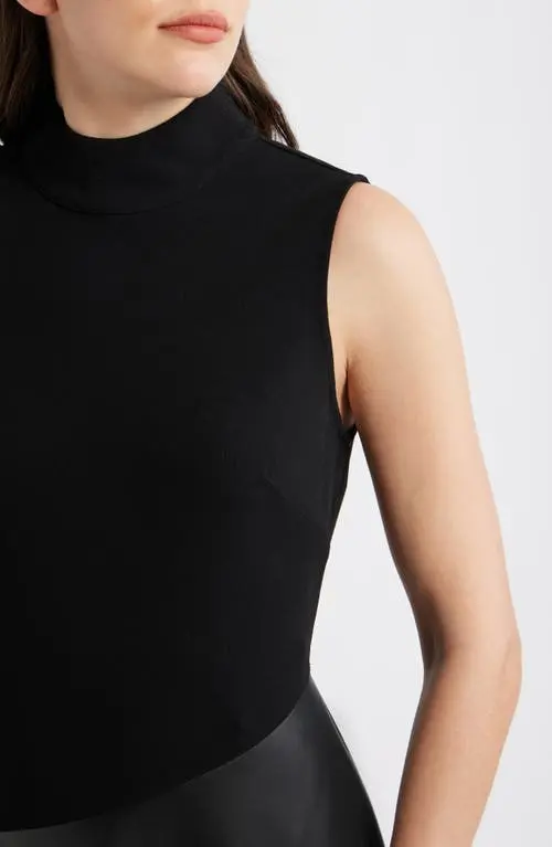 Maggy London Mixed Media Asymmetric Mock Neck Midi Dress