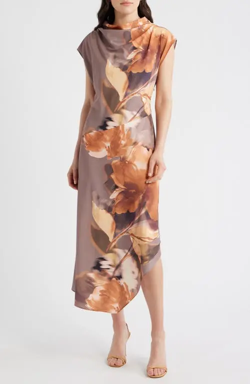 Maggy London Print Asymmetric Cap Sleeve Cowl Neck Dress - Taupe