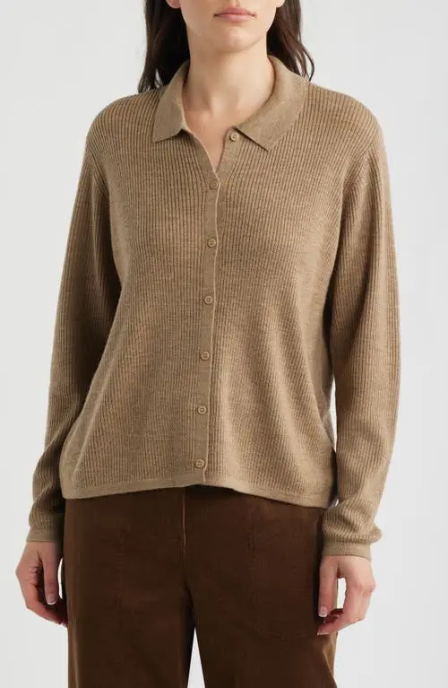 Eileen Fisher Ribbed Wool Cardigan - Biscuit