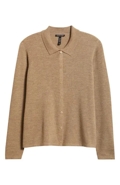 Eileen Fisher Ribbed Wool Cardigan - Biscuit