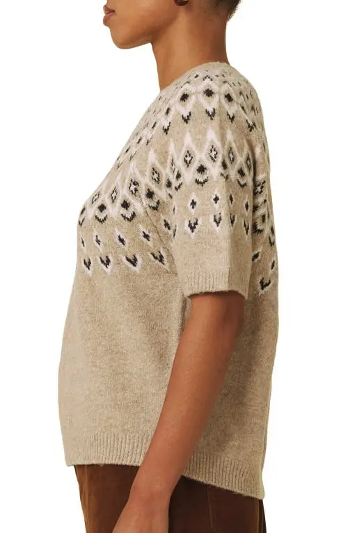 Splendid Fair Isle Short Sleeve Sweater - Light Camel Brown