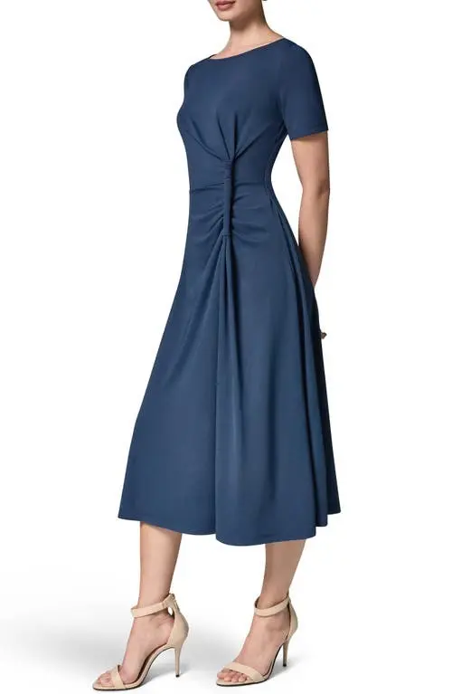 Donna Karan New York Bateau Neck Side Ruched Midi Dress