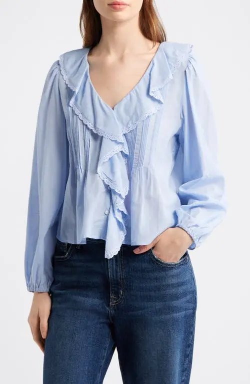Madewell Lace Insert Ruffled Pintuck Long Sleeve Top - Tranquil Blue