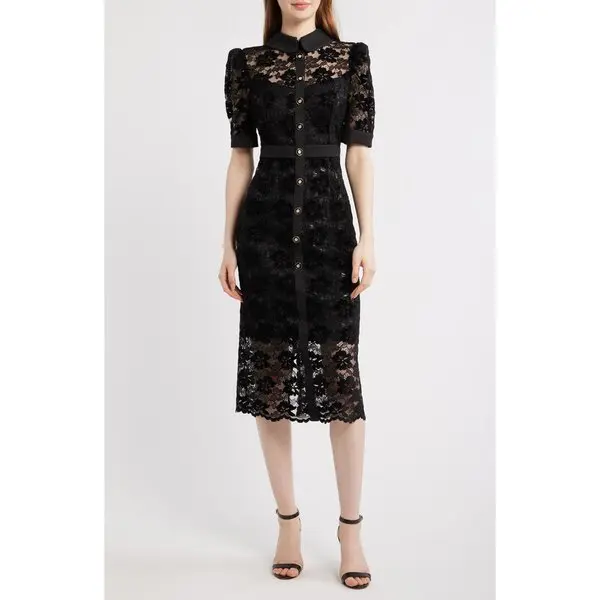 TAHARI ASL Lace Midi Shirtdress - Black