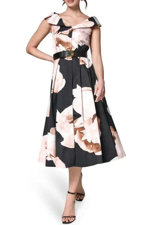 Donna Karan New York Floral Belted Stretch Fit & Flare Midi Dress - Black Multi