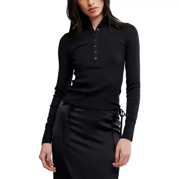 Free People Lake Stand Collar Stretch Cotton Rib Henley - Black