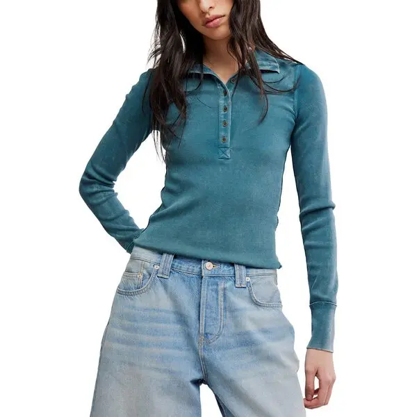 Free People Lake Stand Collar Stretch Cotton Rib Henley - Pine Blossom