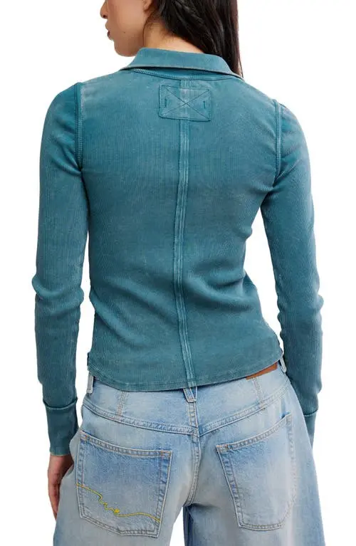Free People Stand Collar Stretch Cotton Rib Henley - Pine Blossom