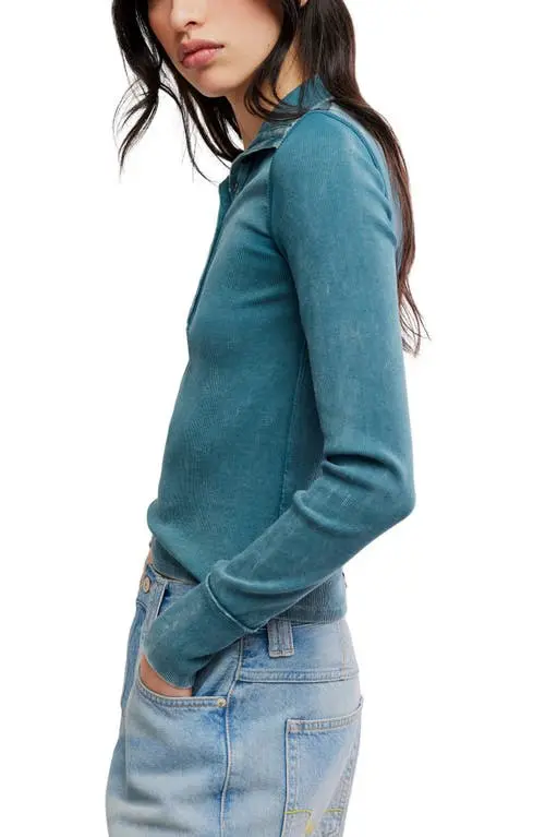 Free People Stand Collar Stretch Cotton Rib Henley - Pine Blossom