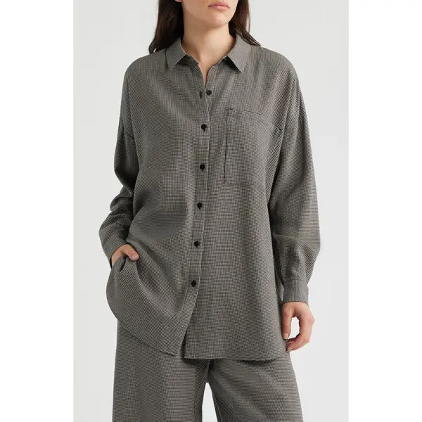 Eileen Fisher Classic Collar Organic Longline Button-up Shirt - Black/chalk