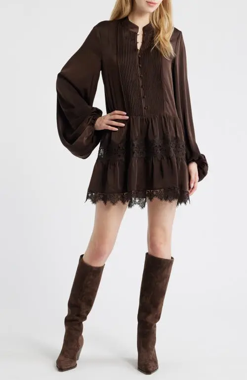 Bardot Antonia Lace Trim Long Sleeve Satin Minidress - Dark Choco