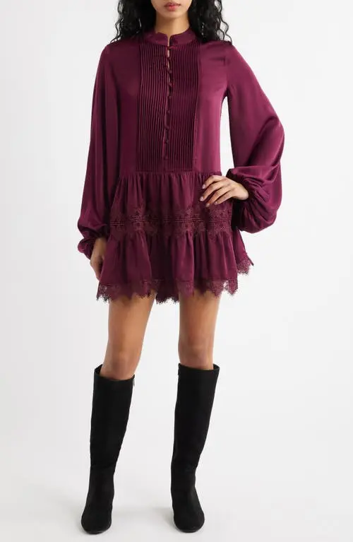 Bardot Antonia Lace Trim Long Sleeve Satin Minidress - Mulberry