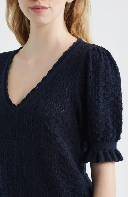Paige Haisley Pointelle Knit Organic Cotton & Silk Blend Sweater - Deep Navy