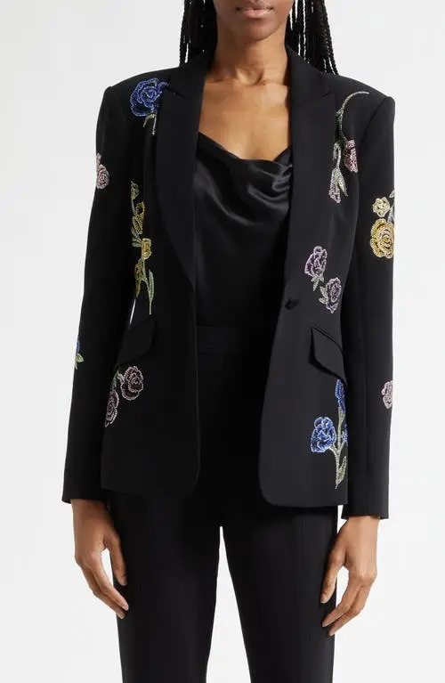 Cinq À Sept Floral Ribbons Diamante Crepe Jacket - Black Multi