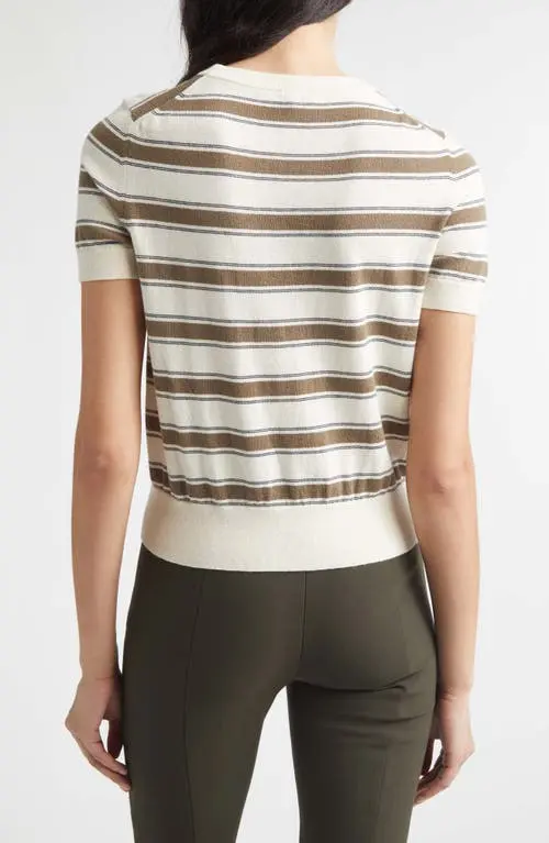 Vince Striped Cotton & Cashmere Short Sleeve Sweater - Dark Artichoke Combo