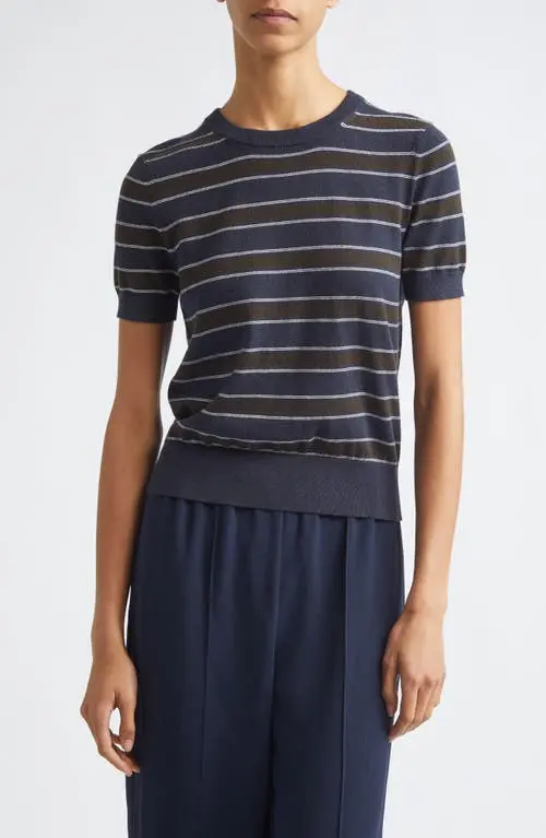 Vince Stripe Short Sleeve Cotton & Cashmere Sweater T-shirt - Dark Thyme Combo