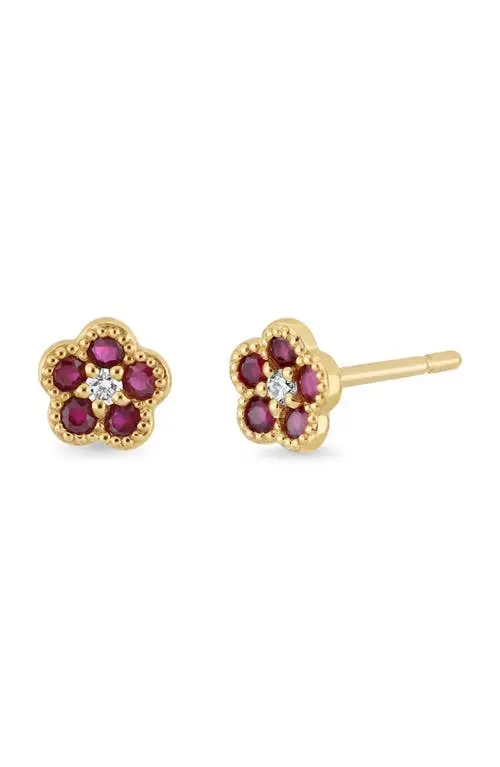 Bony Levy El Mar Diamond & Gemstone Flower Stud Earrings - 18k Yellow Gold/ruby