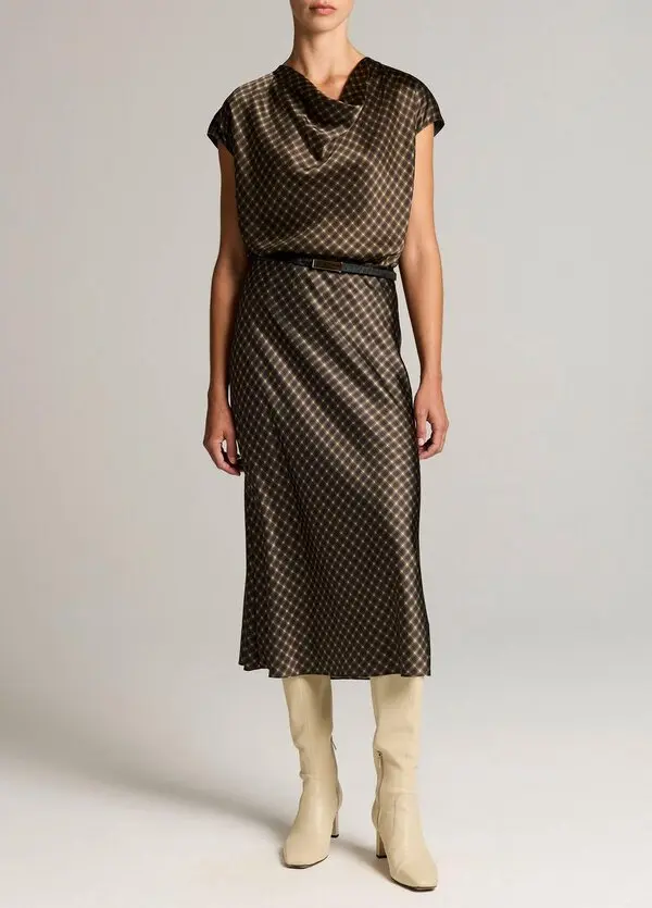 Vince Ombré Plaid Lingerie-trim Satin Slip Skirt - Black/camel