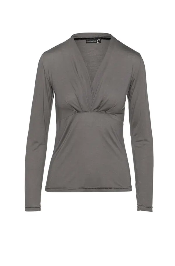 CONQUISTA Dark Cashmere Blend Long Sleeve Faux Wrap Top In Stretch Jersey Sustainable Fabric - Grey