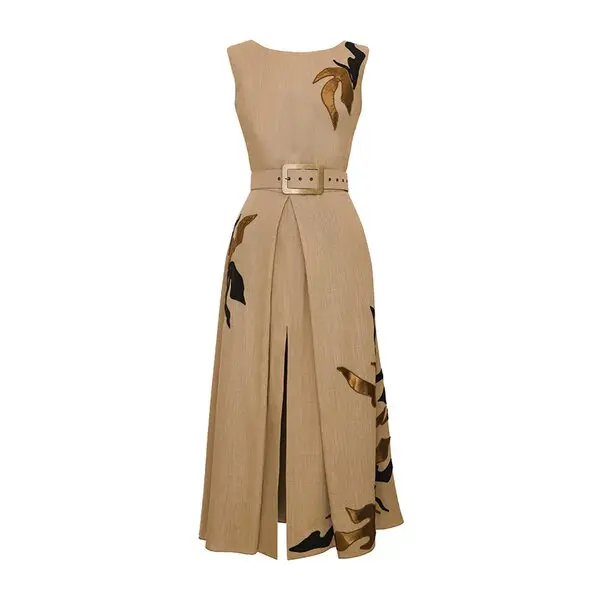 ALINA CERNATESCU Embroided Dark Linen Midi Dress