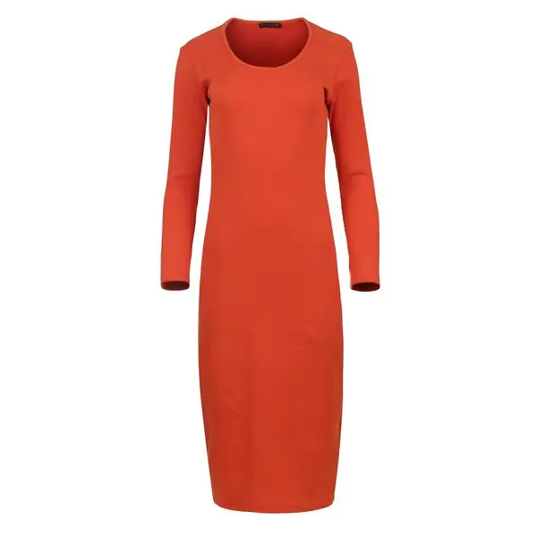 CONQUISTA Long Sleeve Round Neck Midi Dress In Ribbed Cotton-elastane Dark - Orange