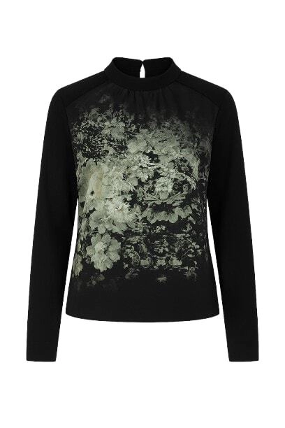 CONQUISTA Relaxed Long Sleeve Woven Top With Pleat Detail & Button Fastening - Black