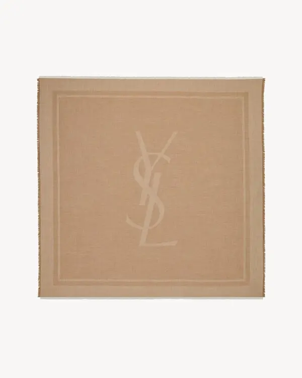 Saint Laurent Cassandre Square Scarf In Cashmere And Silk Jacquard - Beige