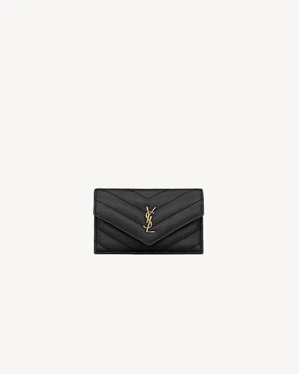 Saint Laurent Cassandre Matelassé Fragments Flap Card Case In Grain De Poudre Leather - Black