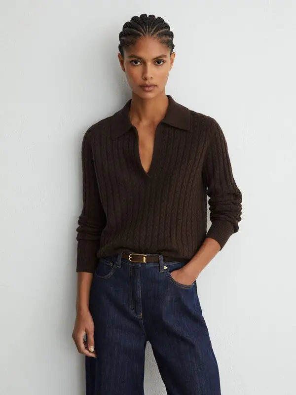 REISS Millie Wool-cashmere Cable-knit Collared Jumper - Grape Burgundy