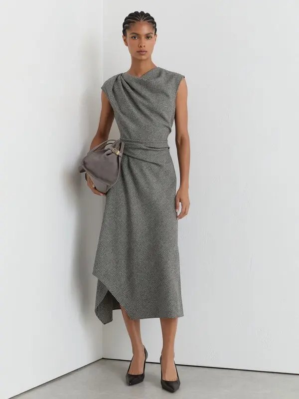 REISS Clara Petite Wool-blend Check Tailored Midi Dress - Grey