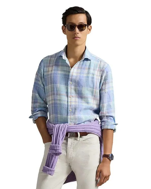 Polo Ralph Lauren Classic Fit Plaid Slub Linen Shirt - Blue/orange