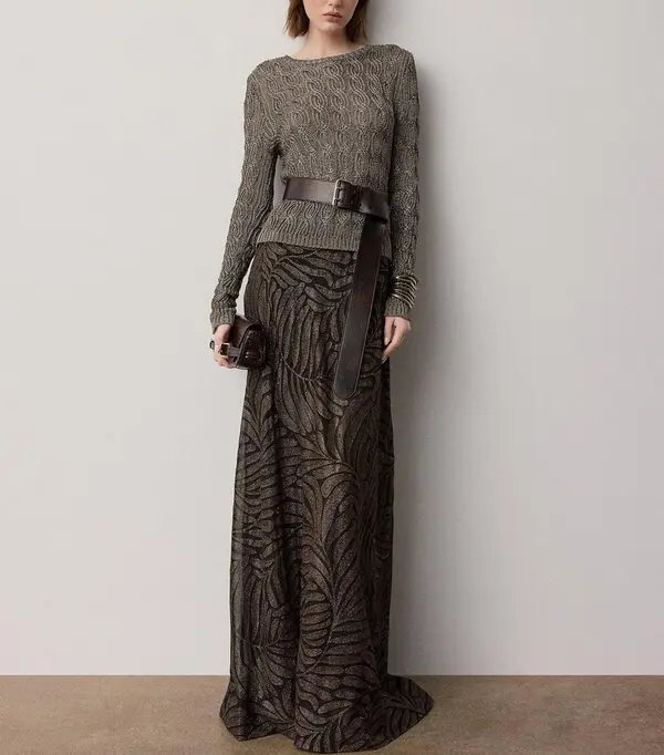 Ralph Lauren Foiled Silk Chiffon Maxi Skirt - Gold