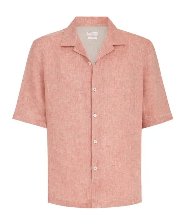Brunello Cucinelli Linen Easy Fit Short Sleeve Shirt With Camp Collar - No