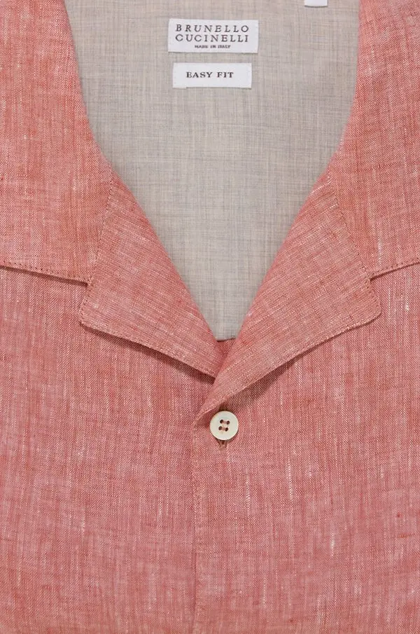 Brunello Cucinelli Linen Easy Fit Short Sleeve Shirt With Camp Collar