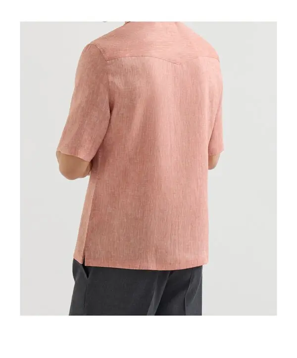 Brunello Cucinelli Linen Easy Fit Short Sleeve Shirt With Camp Collar