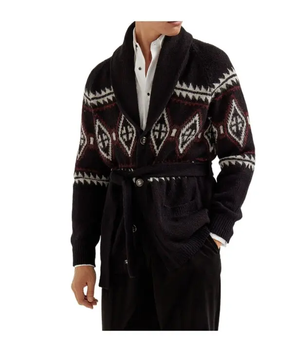Brunello Cucinelli Geometric Jacquard Belted Cardigan